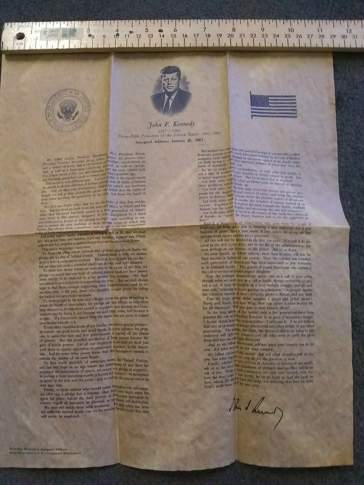President John F Kennedy’s Inaugural Address Antiqued Printed JFK ...