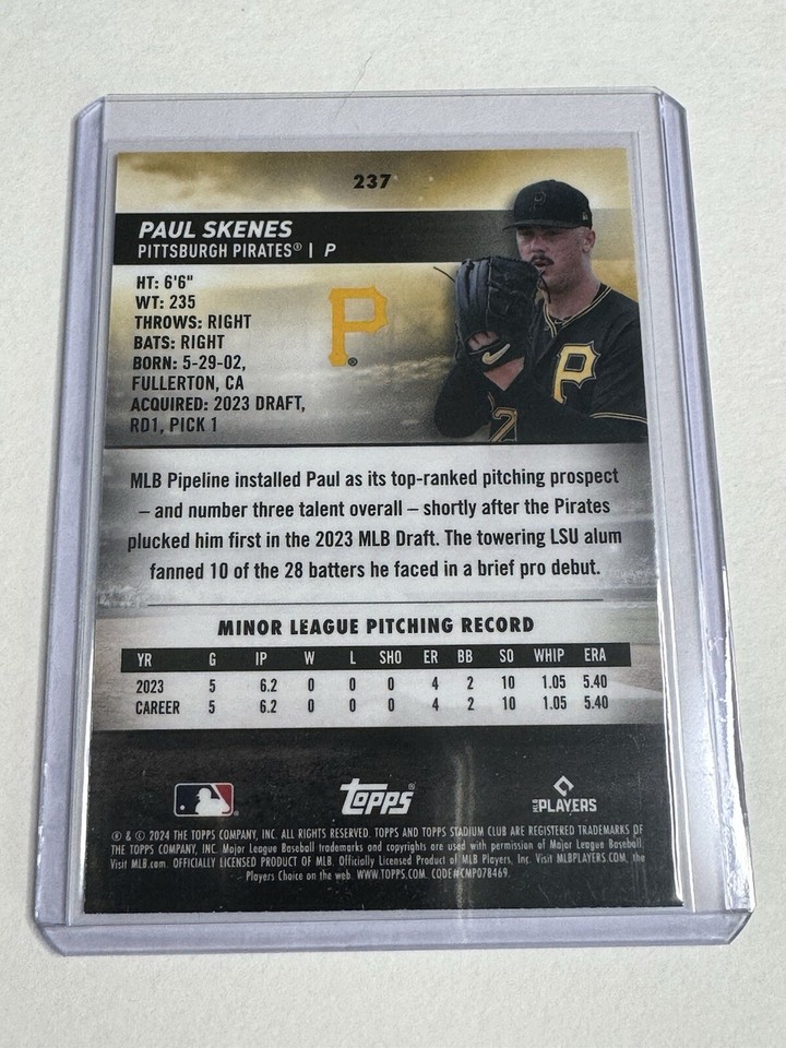 2024 TOPPS STADIUM CLUB PAUL SKENES ROOKIE CHROME SP #237 PITTSBURGH ...
