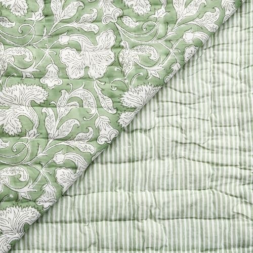 Block Print Quilted Reversible Throw Blanket 100% King 96" X 106" Sage ...