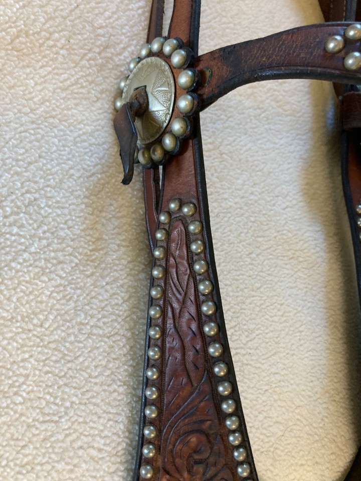Vintage Wide Cheek Buckaroo Headstall Bridle with Silver Conchos and ...