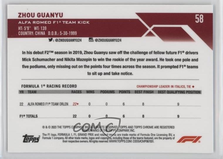 2023 Topps Chrome Formula 1 F1 Drivers Pink Refractor /75 Zhou Guanyu ...