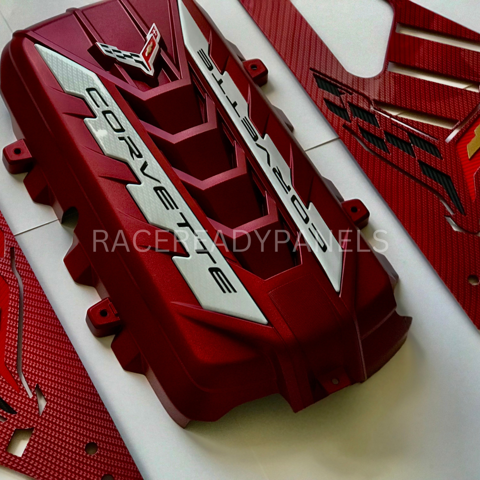 2020/24 CORVETTE ENGINE COVER EDGE RED SILVER EMBLEM CARBON FIBER PKG ...