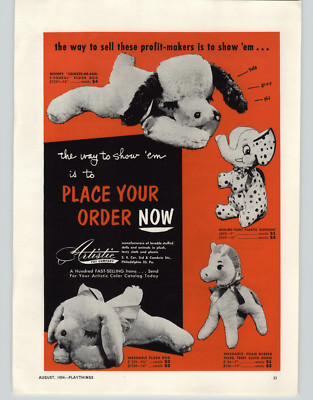 1954 PAPER AD Artistic Stuffed Plush Animals Toys Elecphant Dog Cloth ...