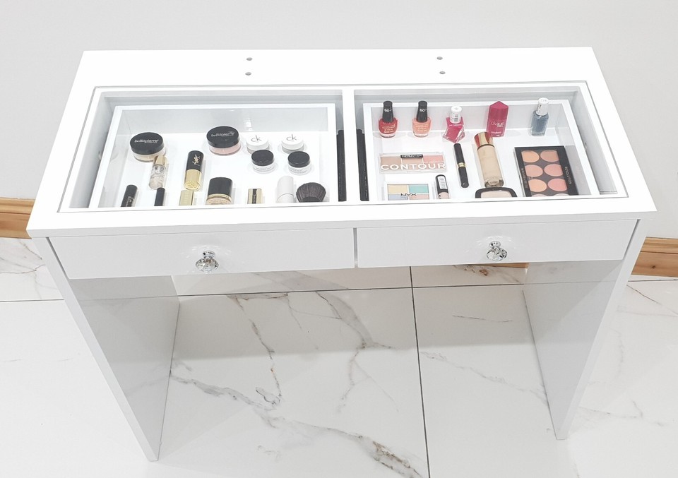 Dressing Table Vanity Station Clear Tempered Glass Top High-Gloss Pro ...