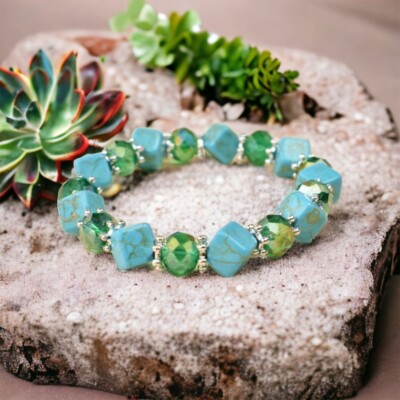 Silver Plated Turquoise Bracelet Cube Crystal Charm Stretch Bead ...