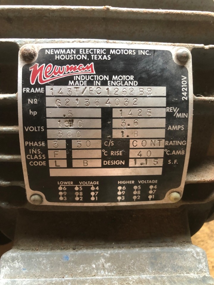 Newman G21364032, .5 HP, 1/2 HP, 1425 Rpm, 190/380V, AC Electric Motor ...