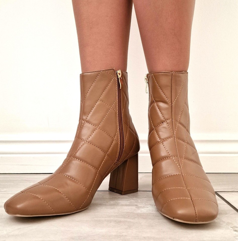 Ladies Tan Quilted Zip Up Mid Block Heel Casual Smart Chelsea Ankle ...