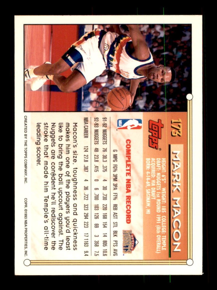 1993 Basketball Topps Mark Macon Denver Nuggets #173 Gold | eBay