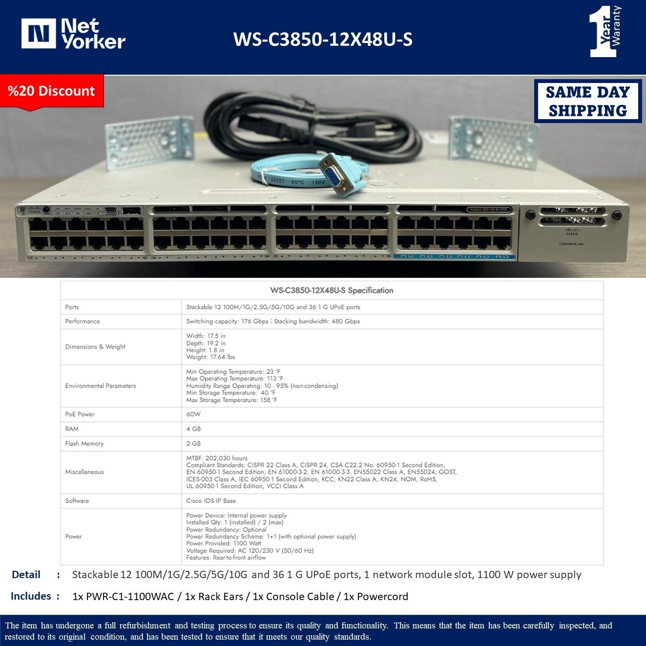 Cisco WS-C3850-12X48U-S Catalyst 3850 48 Port UPOE Switch - Same Day ...