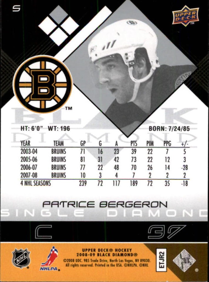2008-09 Black Diamond Boston Bruins Hockey Card #5 Patrice Bergeron | eBay