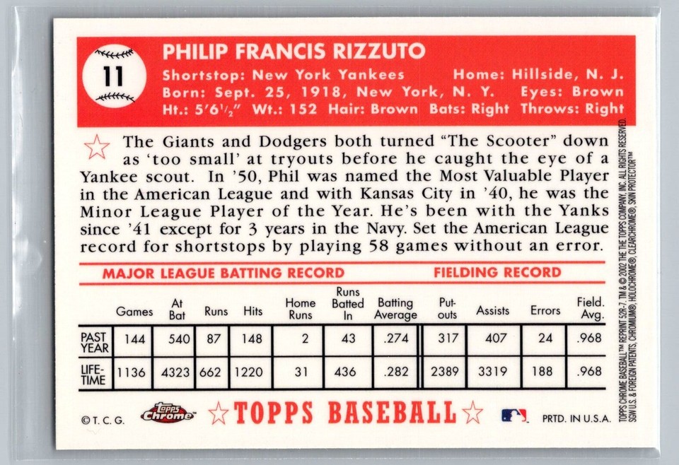 PHIL RIZZUTO NEW YORK YANKEES 2002 TOPPS CHROME 1952 REPRINT #52R-7 | eBay