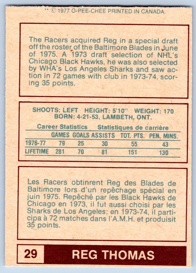 REG THOMAS 1977-78 O-PEE-CHEE WHA 77-78 NO 29 NRMINT+ 50931 | eBay