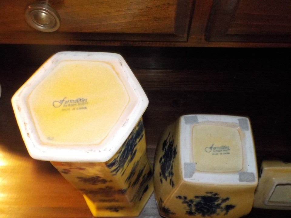 2 vintage formalities baun bros yellow & blue flowered vases crackle ...