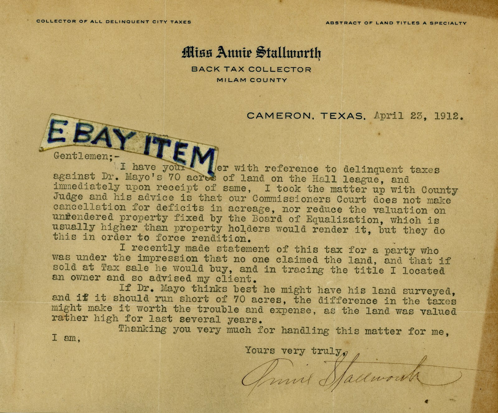 1912 CAMERON TEXAS letterhead MISS ANNIE STALLWORTH Tax Collector MILAM ...