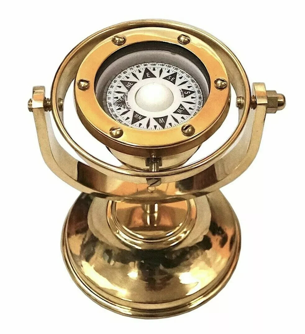Brass Marine Gimbaled Ship Compass 5" Desk Stand Navigational Nautical ...