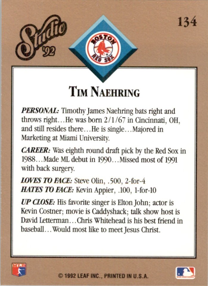 1992 Studio Tim Naehring Boston Red Sox #134 Baseball Card | eBay