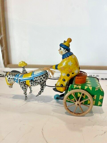 2257 - Vintage 1950's Lehman Russian Wind-Up Tin Zebra Pulling Clown on ...