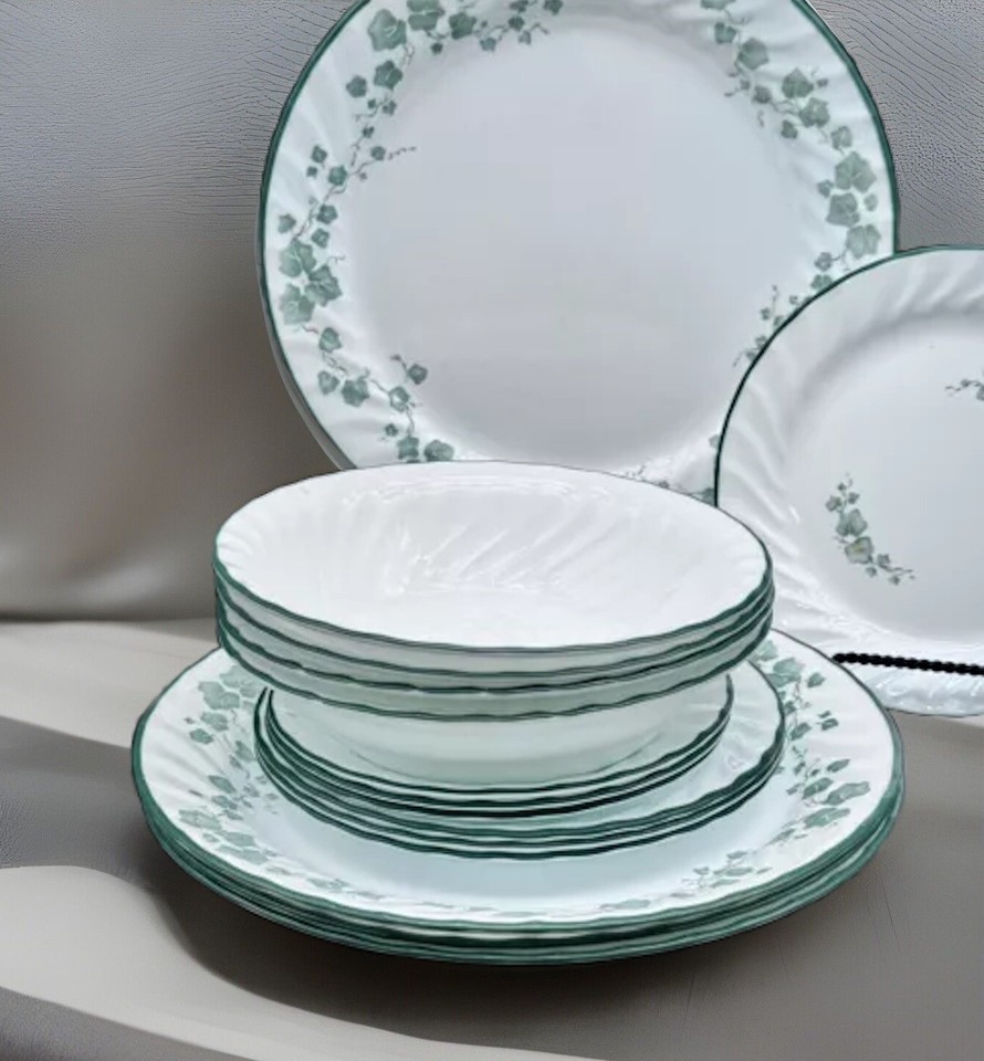Call-away Ivy Swirl Corelle Bowls Dinner Dessert Plates White and Green ...