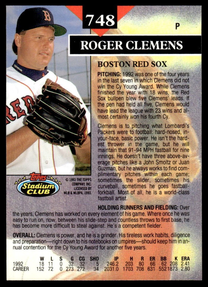 1993 Topps Stadium Club 748 Roger Clemens Red Sox Members Choice Card ...