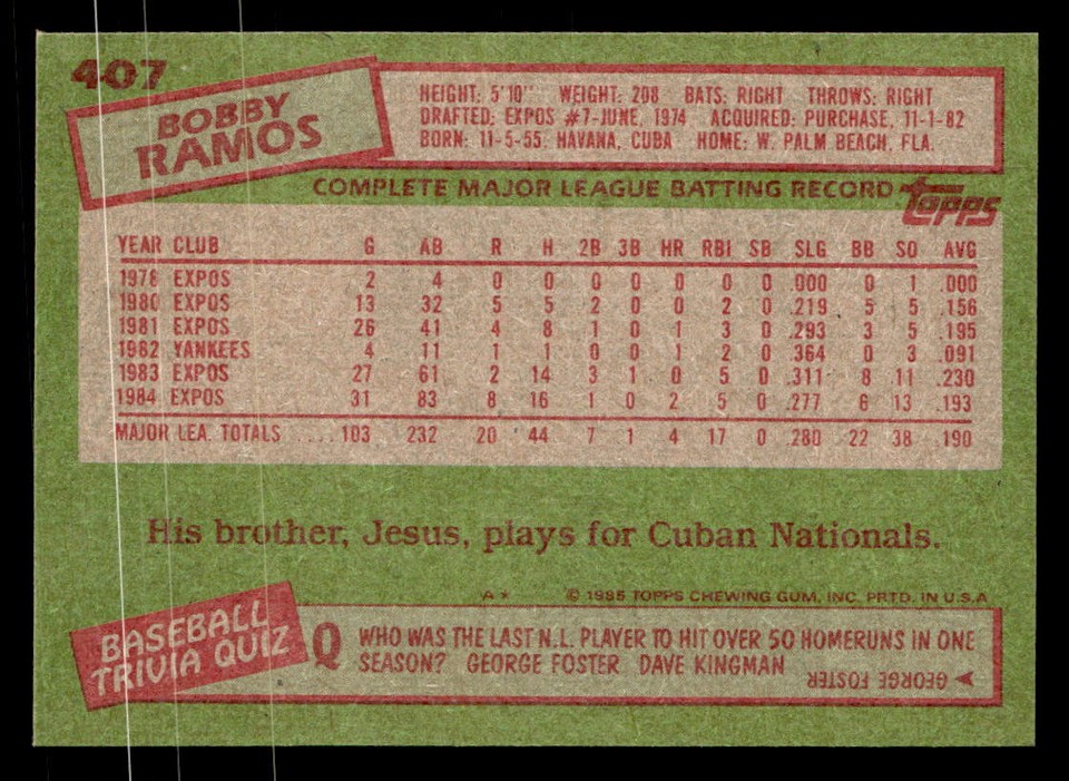 Bobby Ramos 1985 Topps Card #407 Montreal Expos | eBay