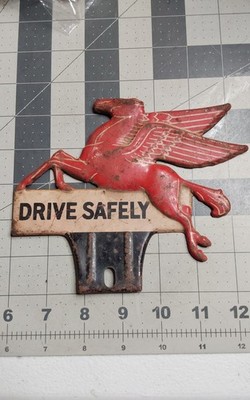 Mobil Pegasus Tin Drive Safely License Plate Topper | eBay
