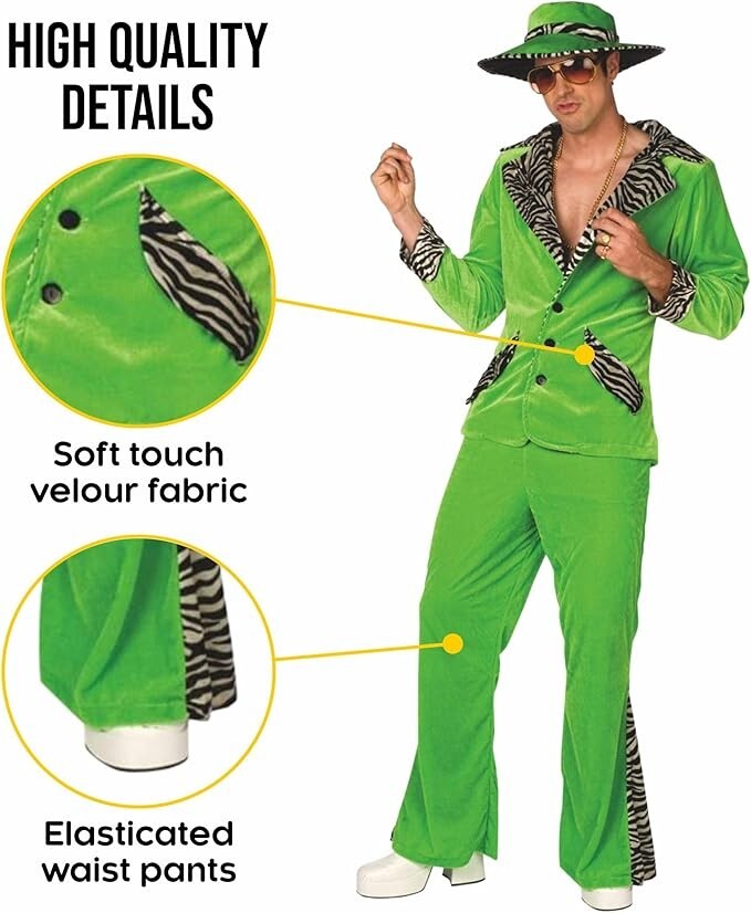 Men`s Green PIMP DADDY Costume + Hat 1970s Big Daddy Velvet Suit ...