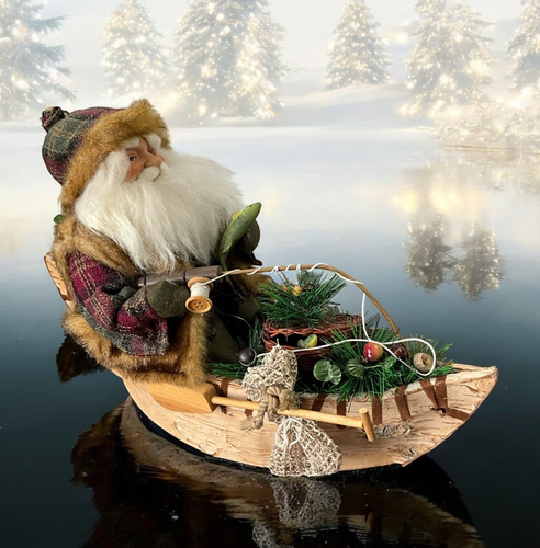 Santa Claus Wilderness Fishing Birch Bark Canoe 18” Rustic Christmas ...