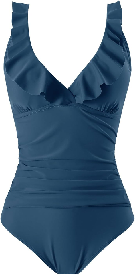 Women'S One Piece Swimsuits Costume Tummy Control Ruffle V-Neck Push up ...