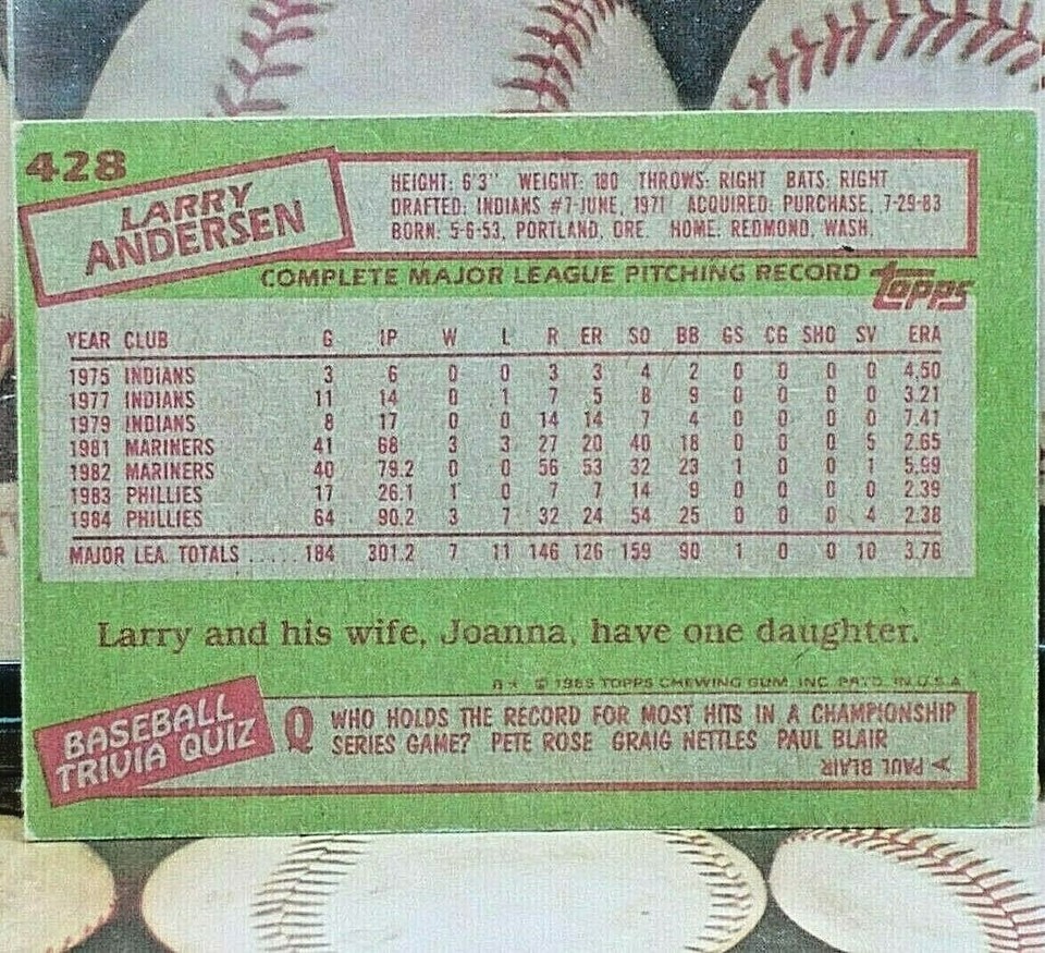 1985 TOPPS Baseball Card # 428 *** LARRY ANDERSEN *** Philadelphia ...