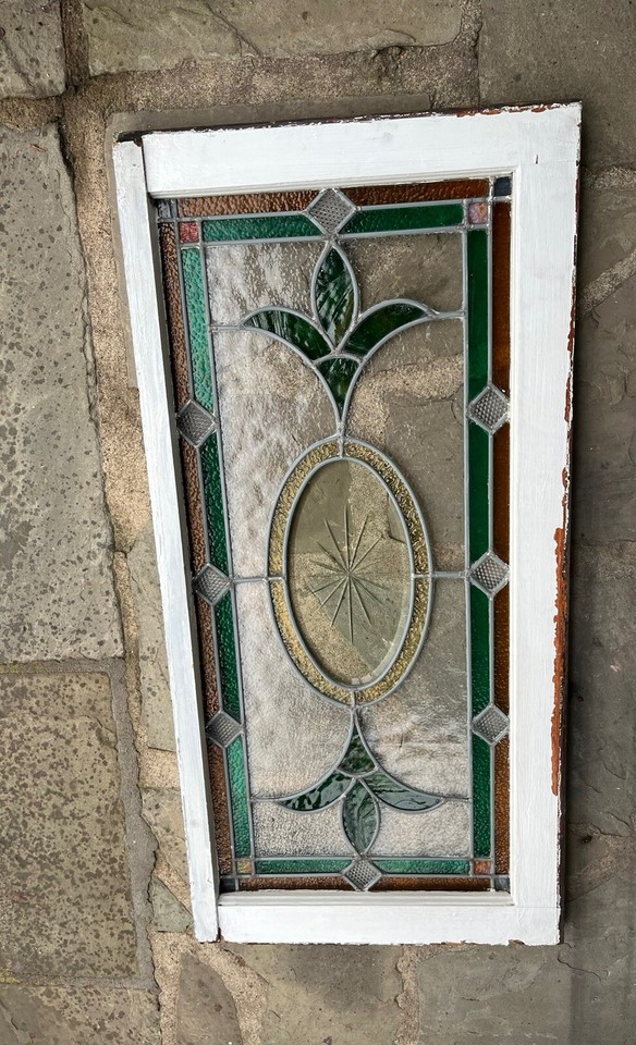 ANTIQUE STAINED LEADED GLASS WINDOW BEVELED/ETCHED CUT GLASS COAL MINE ...