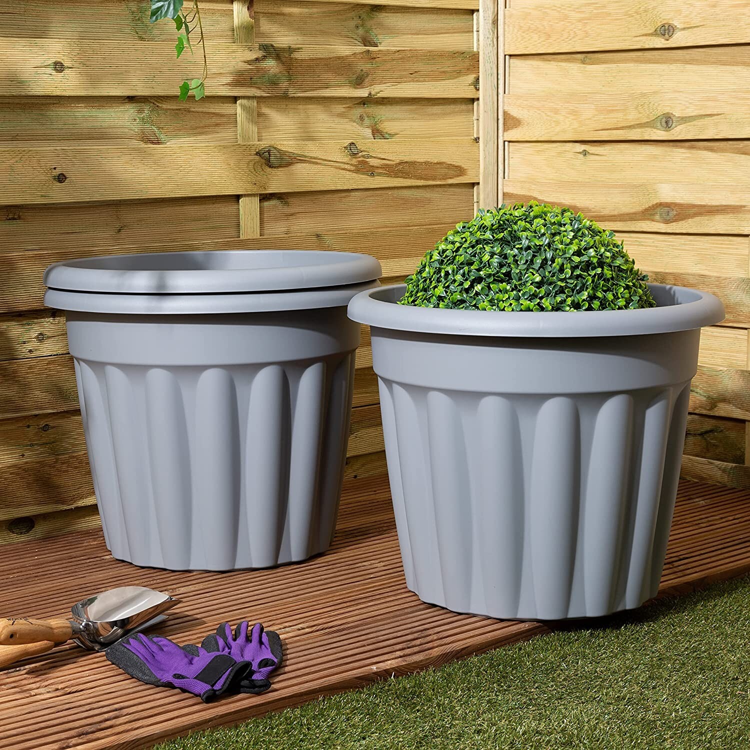 3 x Round Plastic Flower Pots Large 50cm Upcycled Grey Balcony Garden ...