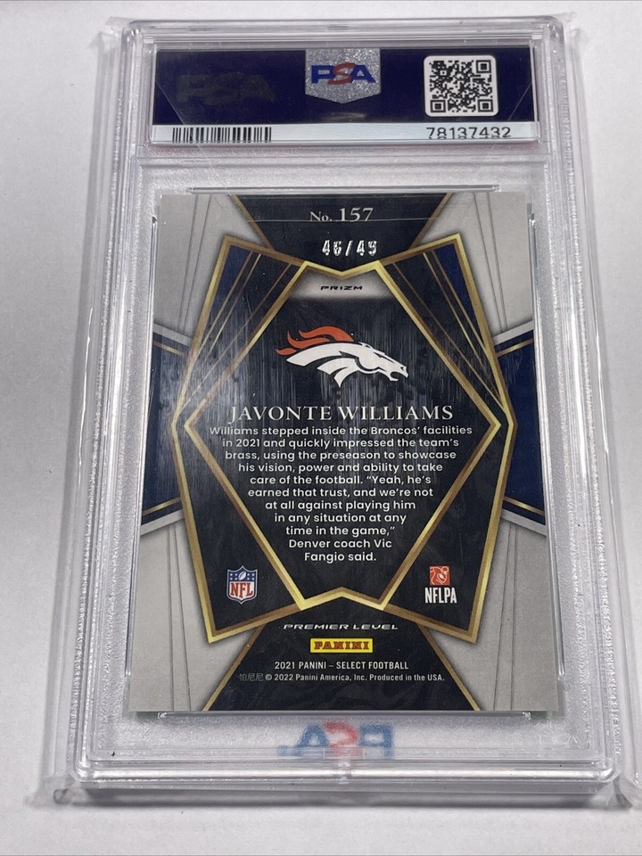 2021 Panini Select Javonte Williams NEON GREEN PRIZM PSA 10 # 46/49 ...