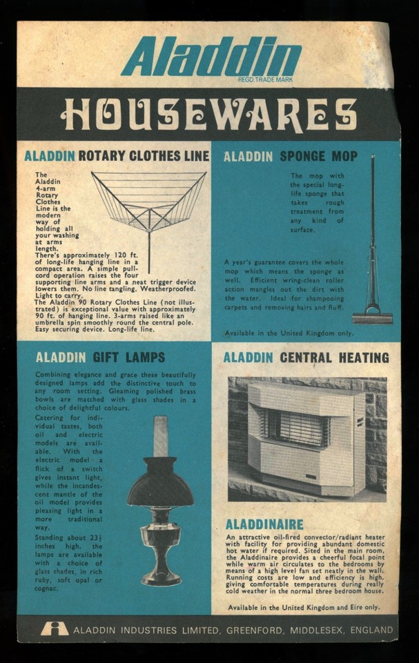 Aladdin Product Advertising Leaflet..Flasks.Mop.Gas Fire,etc1960's...# ...