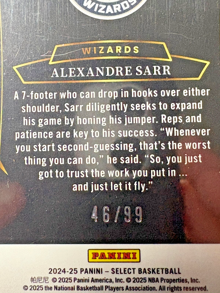 Alexandre Sarr 2024-25 Select White Wave Prizms #73 Washington Wizards ...