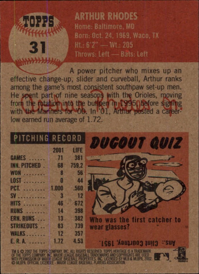 2002 Topps Heritage #31 Arthur Rhodes | eBay