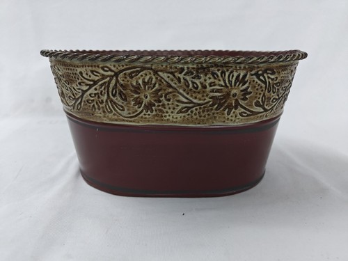 Large Oval Cachepot Planter Metal Rope Edge Floral Repousse Cranberry 2 ...