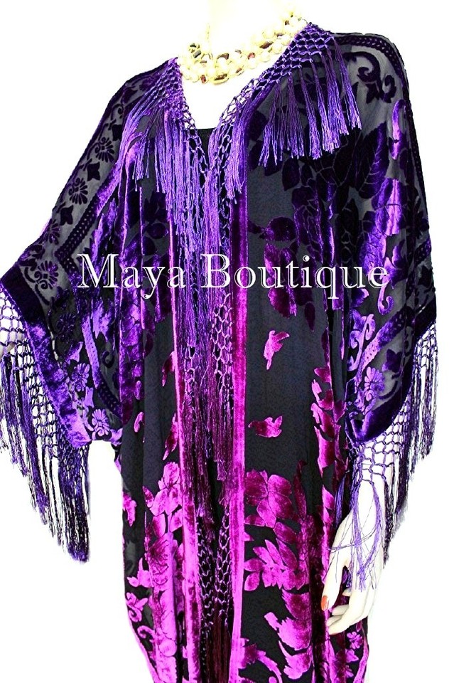 Violet Fuchsia Kimono Caftan Fringe Jacket Silk Burnout Velvet Hand ...