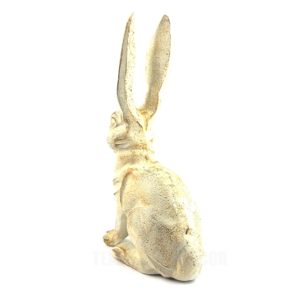 Large Rabbit Figurine Garden Statue Heavy Duty Cast Iron Antique White ...