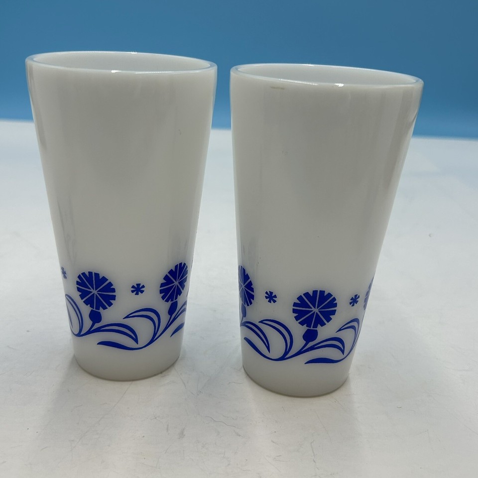 4 Vintage Hazel Atlas Milk Glass White Blue Cornflower 8 Oz Drinking ...