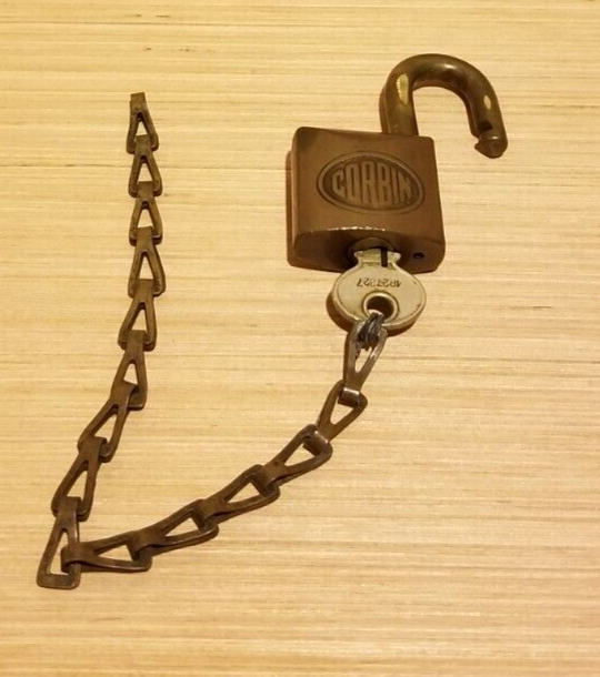 Vintage Corbin Cabinet Lock Co Padlock with Key and Chain New Britain ...
