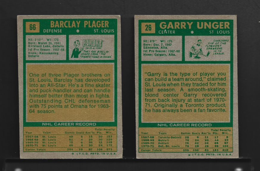 1971-1972 Topps Barclay Plager #66 VG & Garry Unger #26 St. Louis Blues ...
