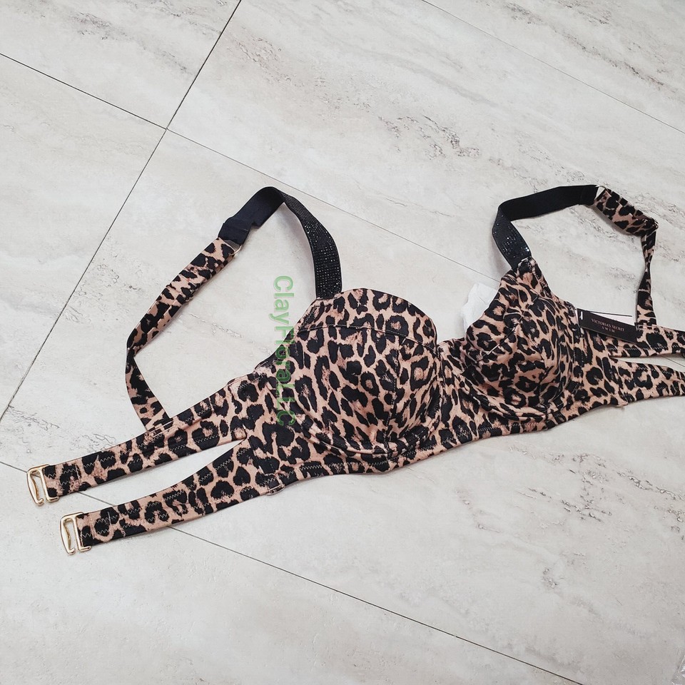 Victoria's Secret Shine Strap Wicked SWIM Top rhinestones logo leopard ...