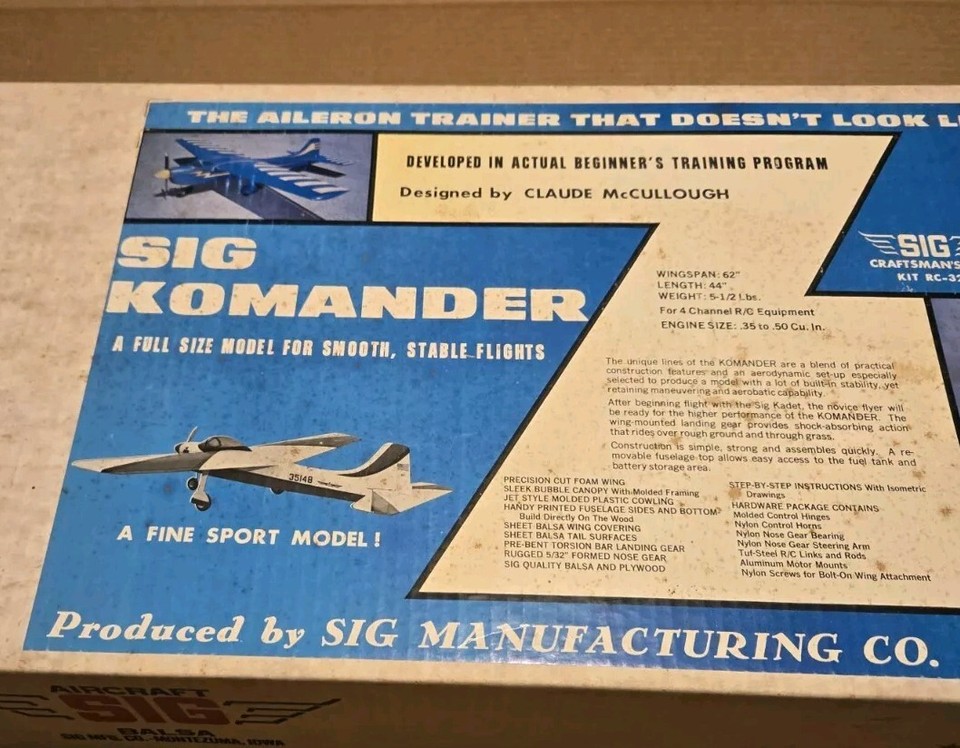 Sig Komander RC Airplane Kit Wood & Foam 62" Wingspan RC-32 New Vintage ...