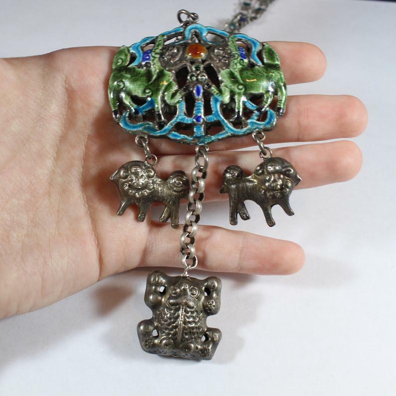 Antique Chinese Sterling Silver Enamel Foo Dog and Qilin Necklace | eBay