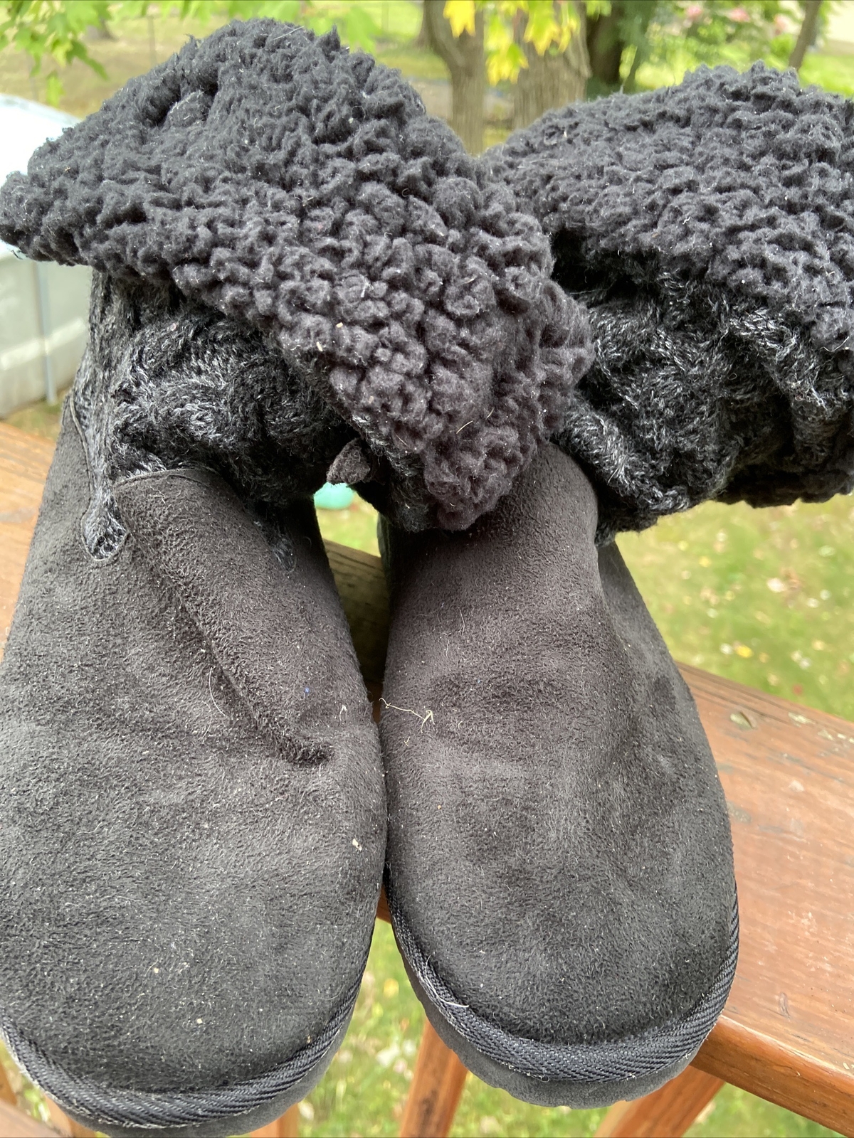 Mukluks Cozy Fold Over Boots Suede Knit Sherpa Black Slippers Womens ...