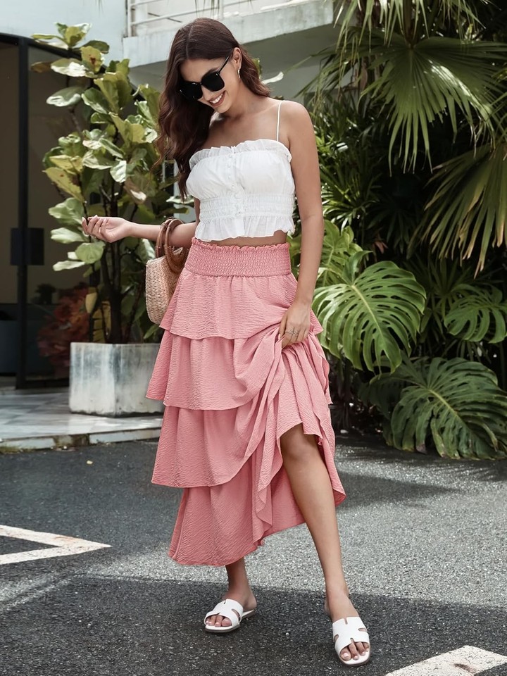 Women's Tiered Maxi Skirt Flowy Long Elastic High Waisted Layered ...