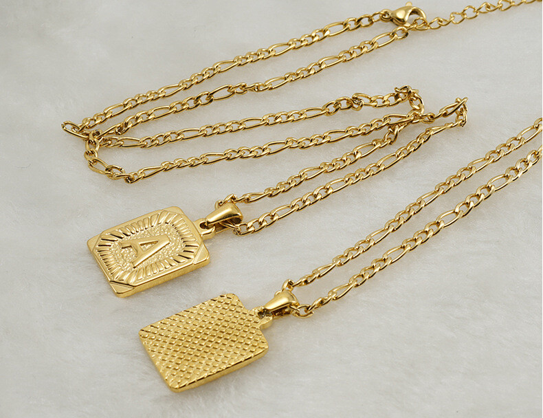 18K Gold Plated Square Capital Letter A-Z Monogram Pendant Figaro Chain ...