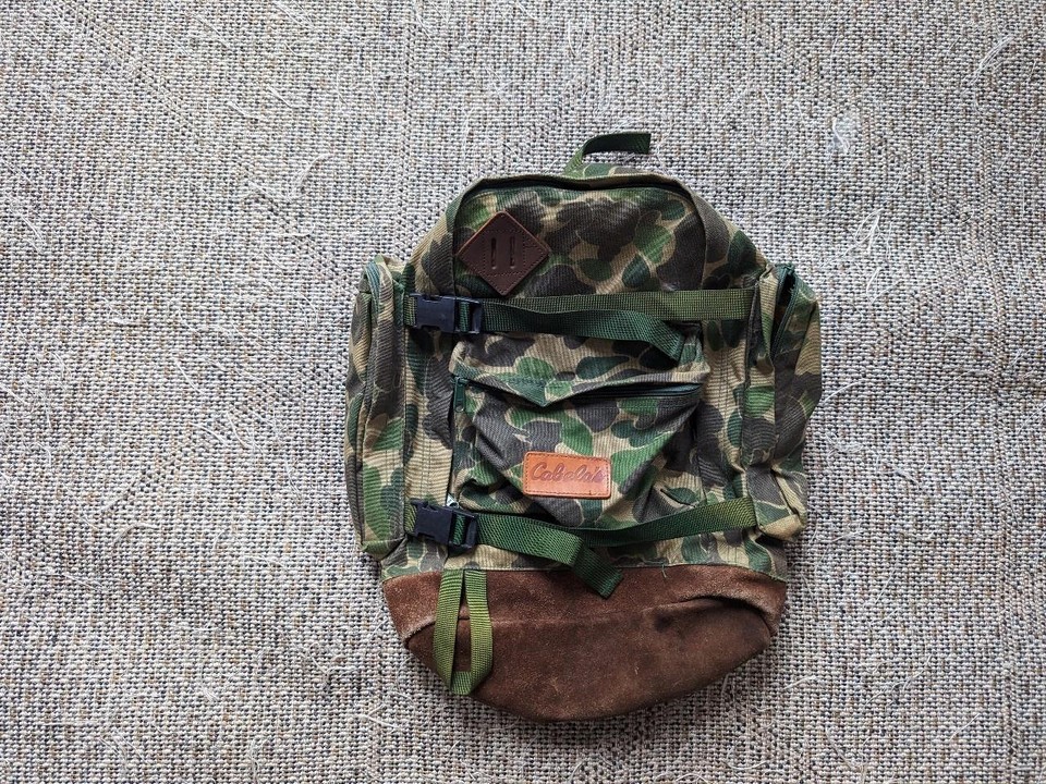 vintage CABELAS backpack FROGSKIN canvas BAG camouflage LEATHER ...