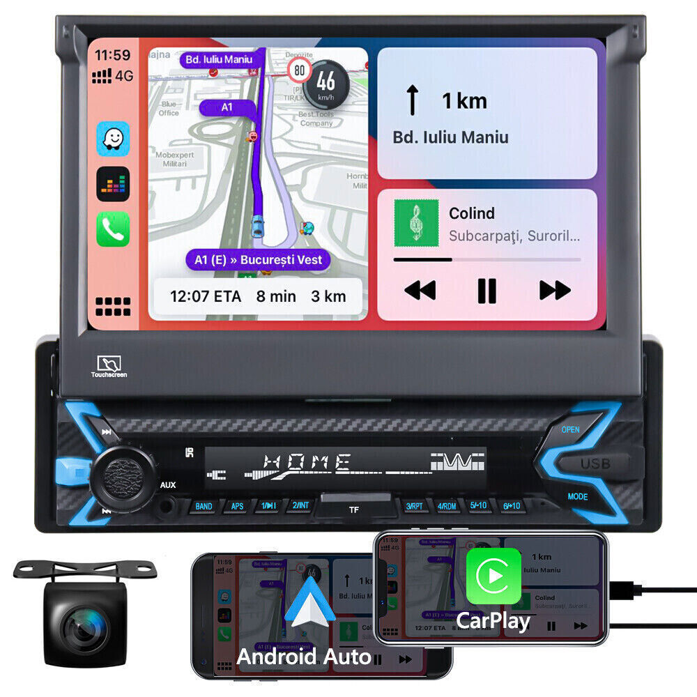 7'' Single Din Car Stereo Flip Out Head Unit Android Apple CarPlay ...