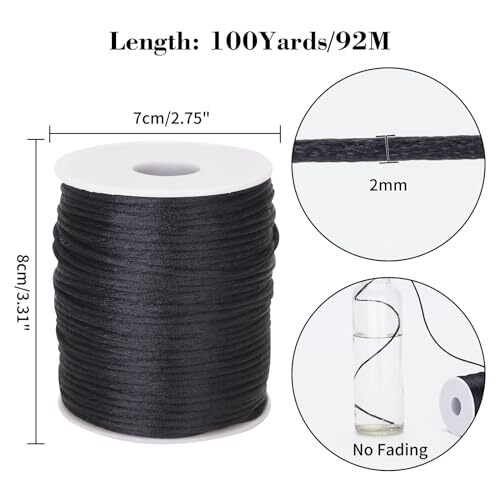Craft Nylon Cord, 2mm x 100Yards Black Satin String, Nylon String for ...